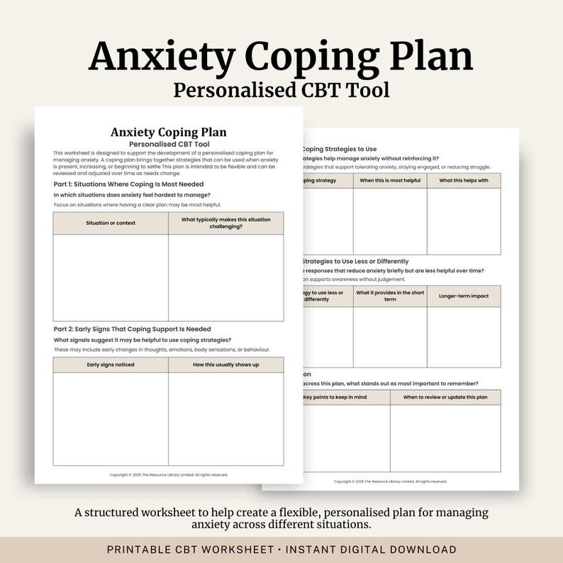Anxiety Coping Plan Worksheet | CBT Therapy Tool (printable PDF A4 Size ...