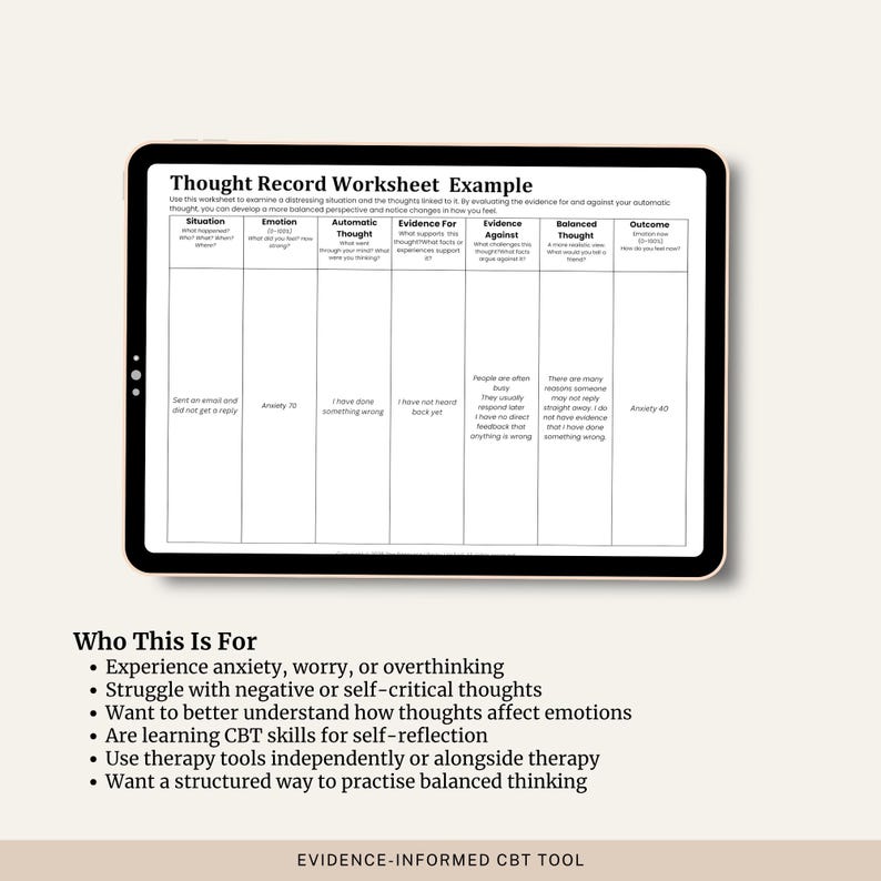 CBT Thought Record Worksheet | Anxiety and Overthinking Therapy Tool ...