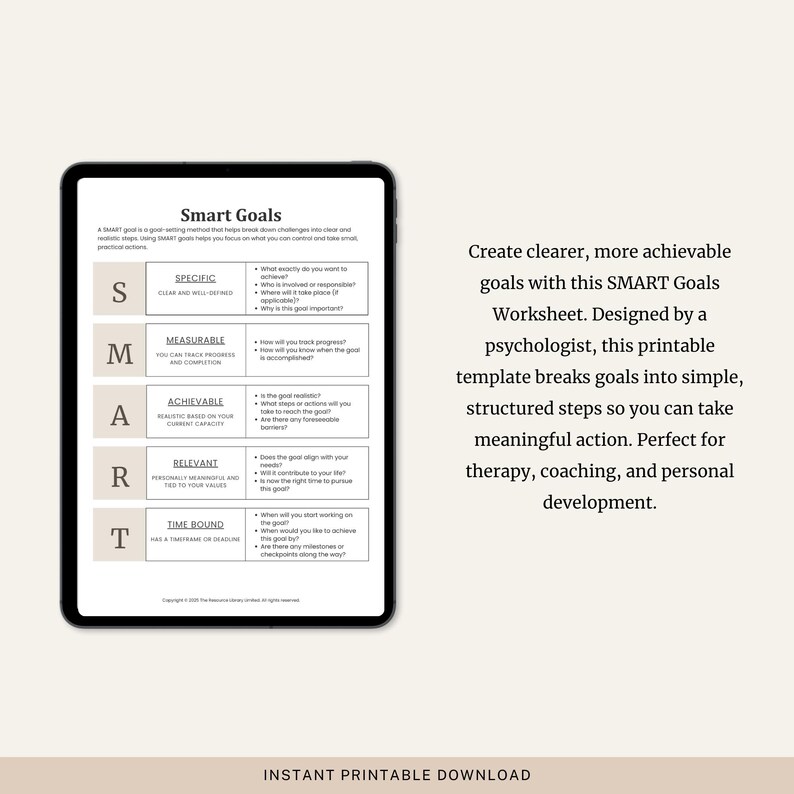 SMART Goals Worksheet | Goal Setting Template | Printable PDF | Mental ...