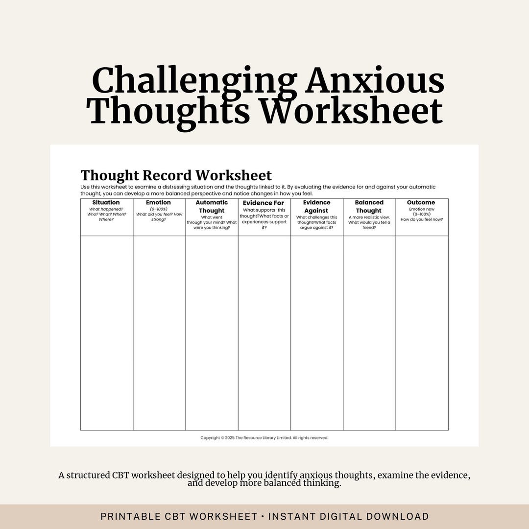 Challenging Anxious Thoughts Worksheet | CBT Anxiety Tool | Thought ...