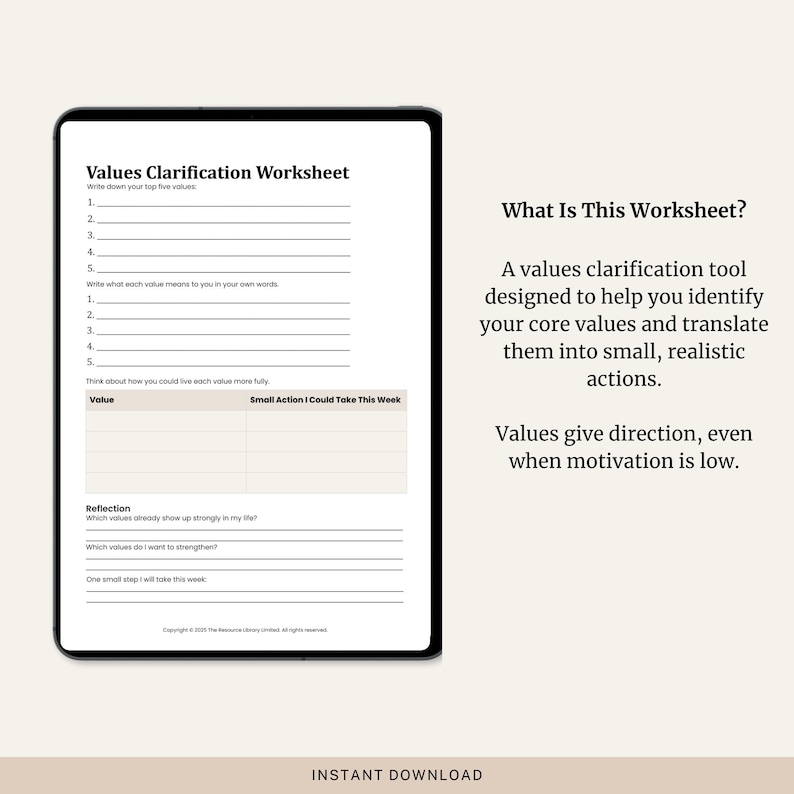 Values Clarification Worksheet | CBT ACT Self Help (PDF Download) - Etsy