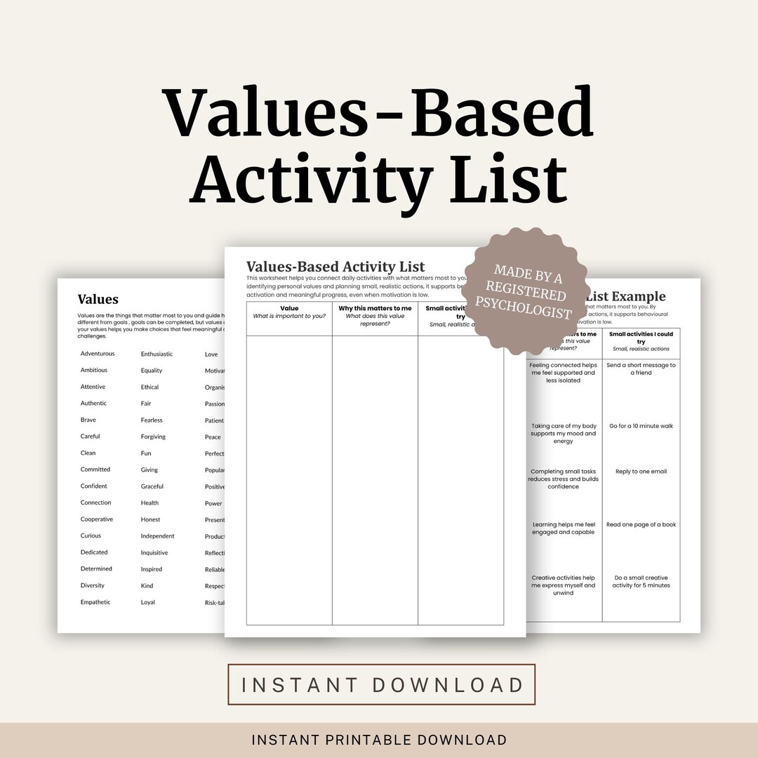 Values-based Activity List | CBT Behavioural Activation Worksheet ...
