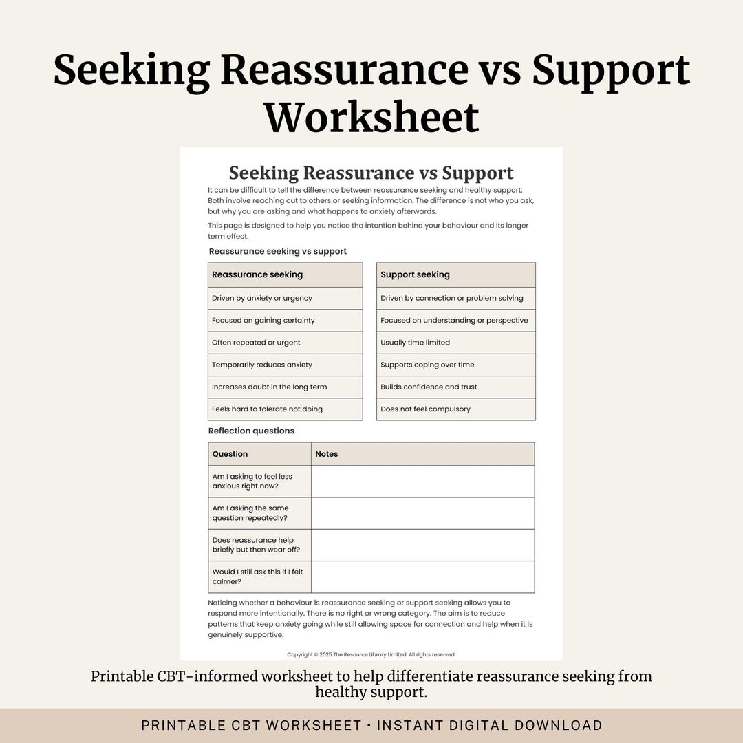 Anxiety Worksheet | Reassurance Vs Support, CBT Tool (printable PDF A4 ...