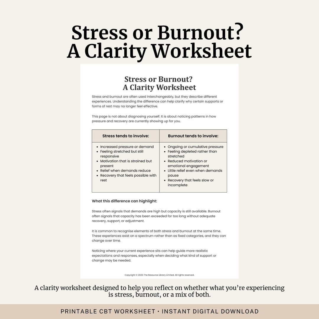 Stress or Burnout Worksheet | CBT Clarity Worksheet for Stress and ...