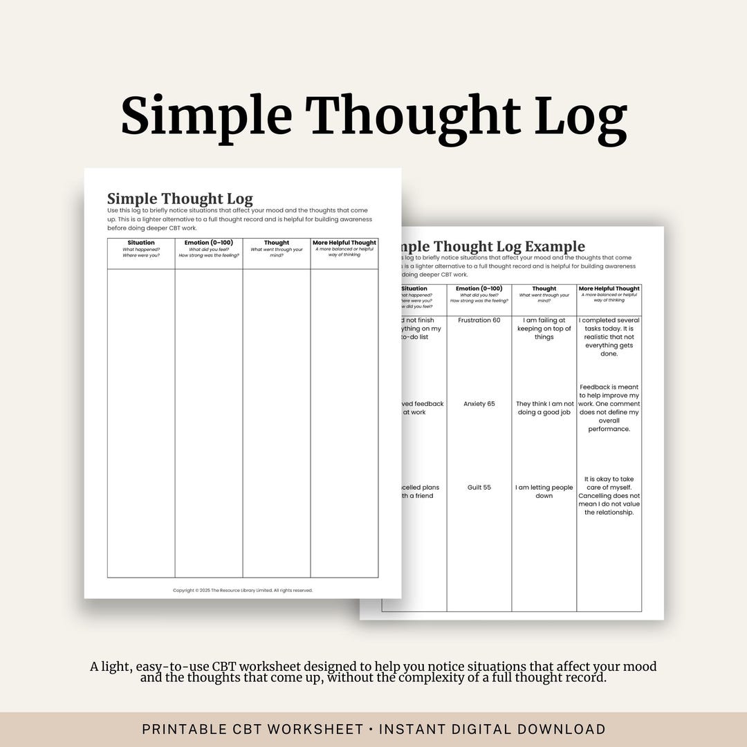 Simple Thought Log Worksheet | CBT Thought Log | Anxiety and ...