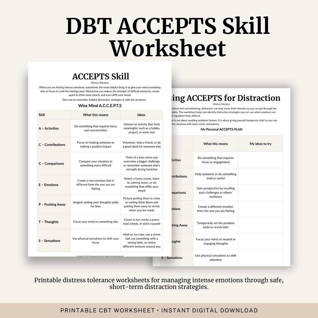 DBT ACCEPTS Skills Worksheet | Distress Tolerance, Crisis Coping ...