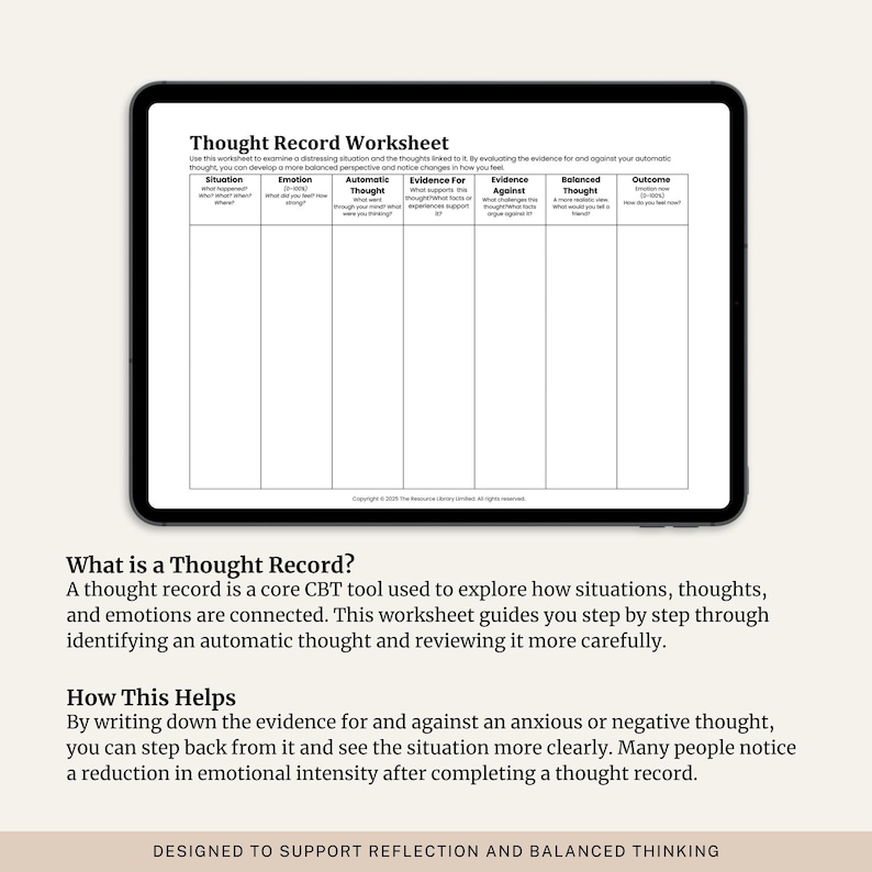 CBT Thought Record Worksheet | Anxiety and Overthinking Therapy Tool ...
