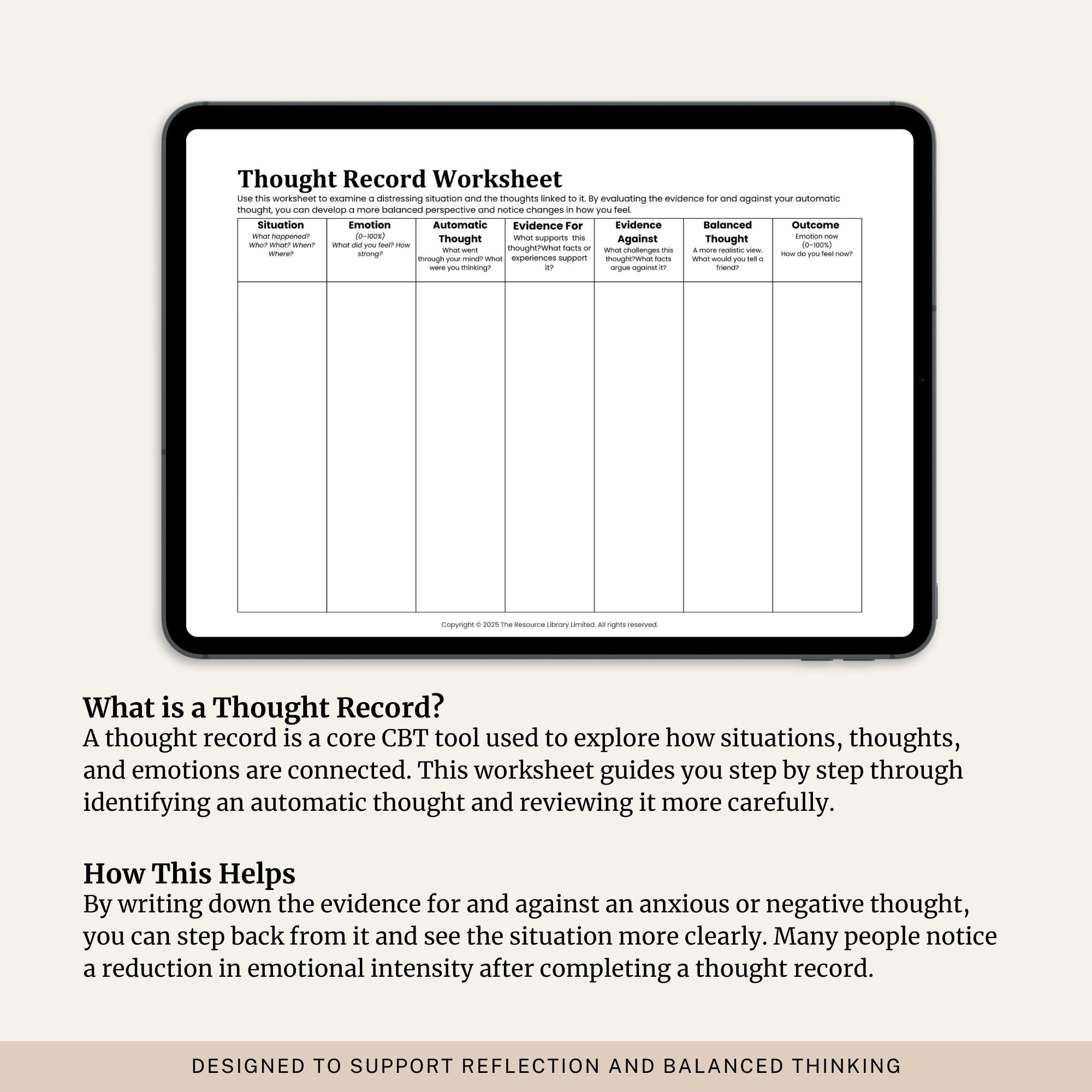 CBT Thought Record Worksheet | Anxiety and Overthinking Therapy Tool ...