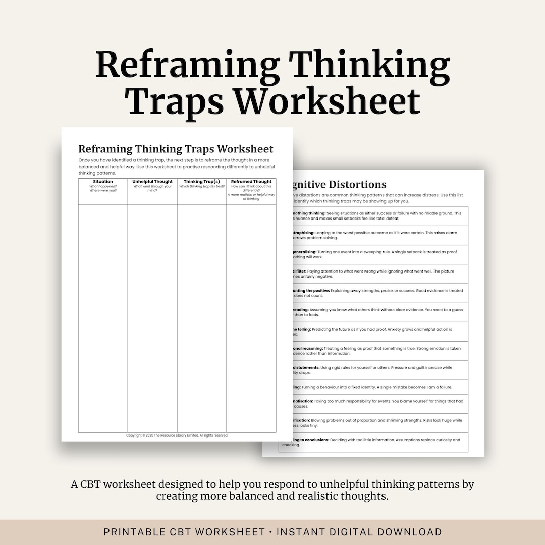 Reframing Thinking Traps Worksheet | CBT Thought Reframing Tool ...