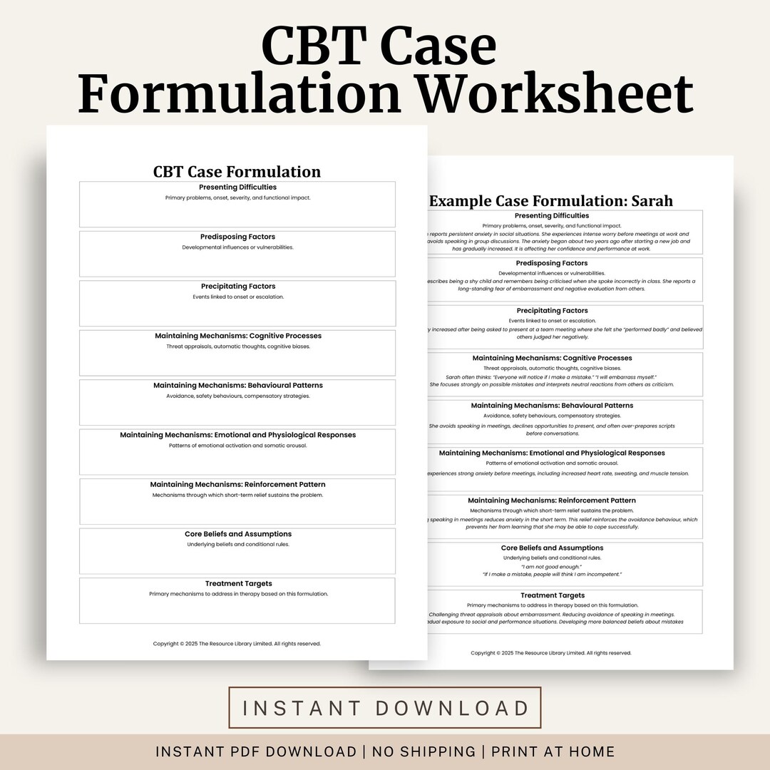 CBT Case Formulation Worksheet | Cognitive Behavioral Therapy ...