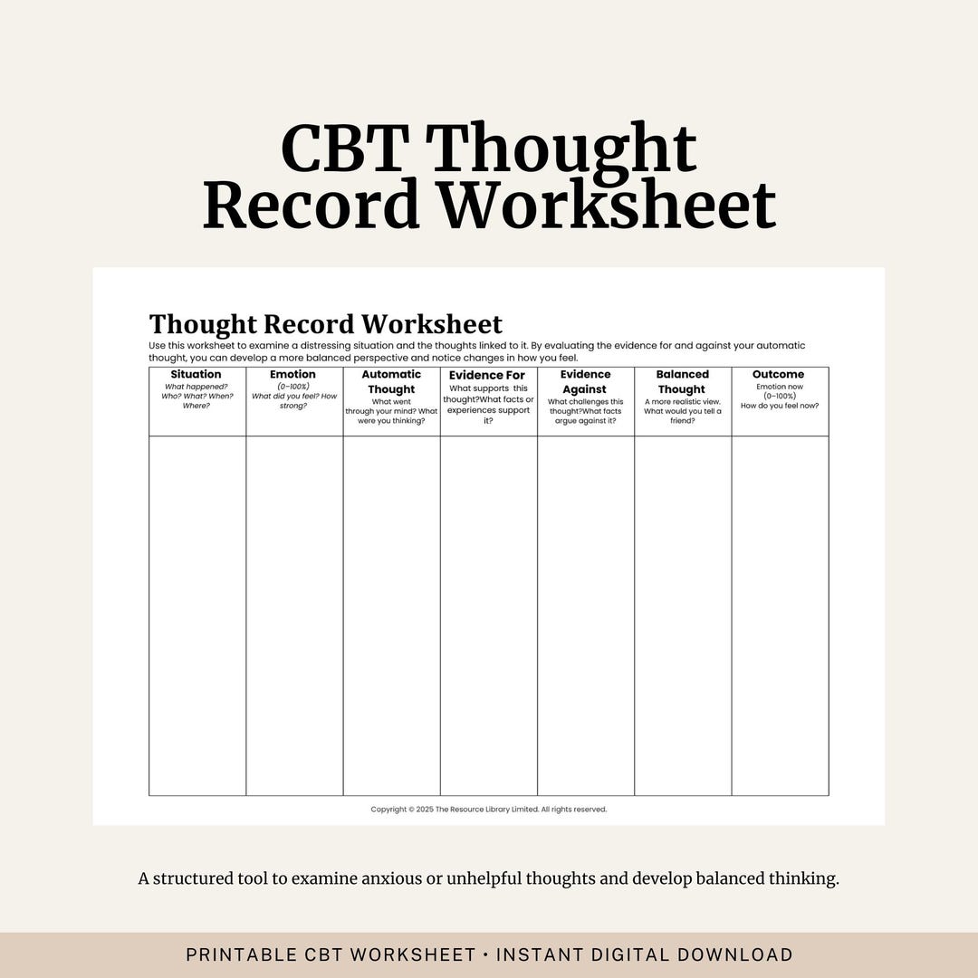CBT Thought Record Worksheet | Anxiety and Overthinking Therapy Tool ...