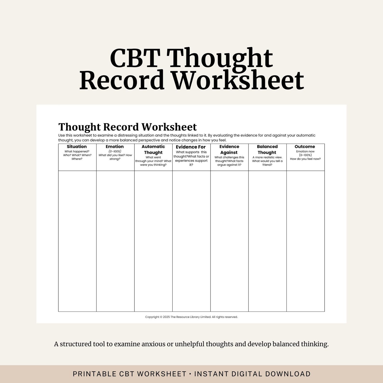 CBT Thought Record Worksheet | Anxiety and Overthinking Therapy Tool ...