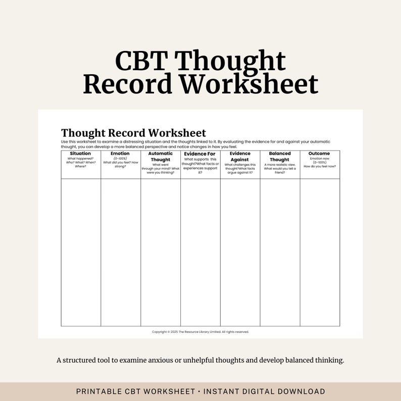 CBT Thought Record Worksheet | Anxiety and Overthinking Therapy Tool ...