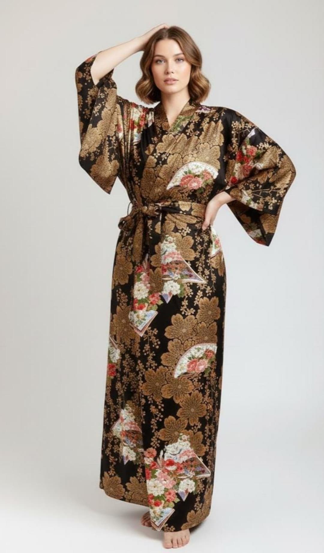 Authentic Japanese Silk Robe: Elegant Floral Print Dressing Gown ...