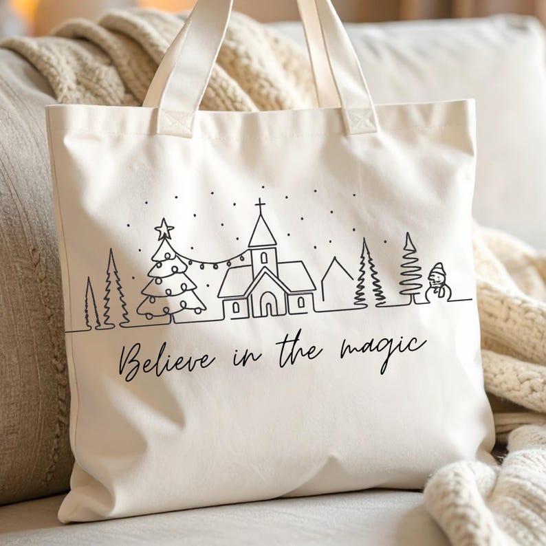 Minimal One-line Christmas Village PNG, Church & Trees, “believe in the ...