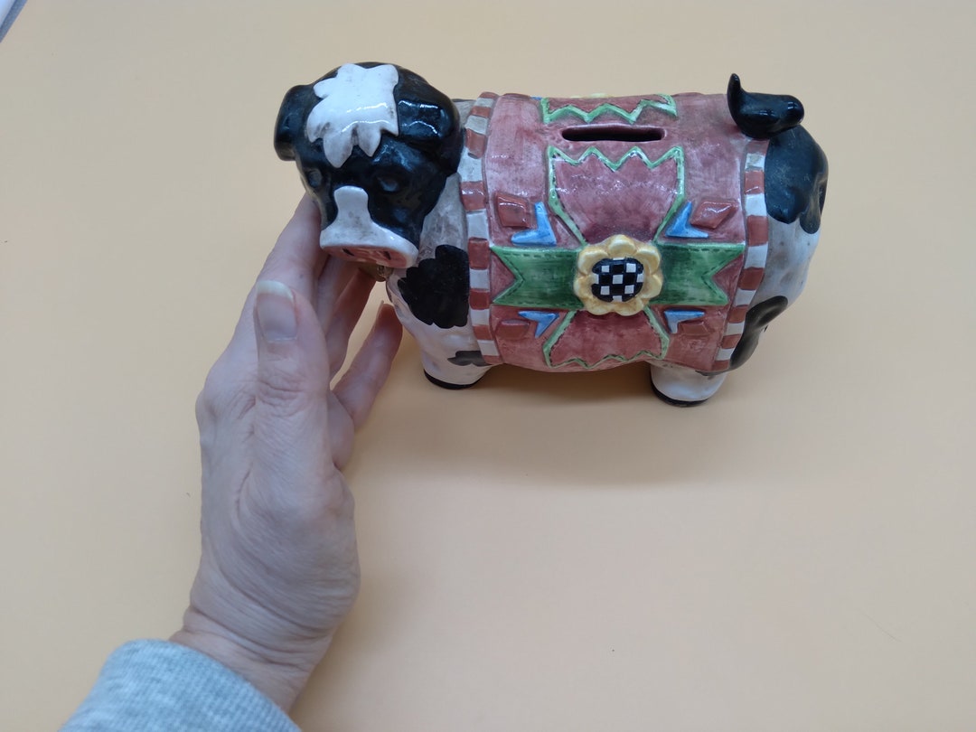 GANZ Vintage Cow Ceramic Piggy Bank Primative Style With Sunflowers ...