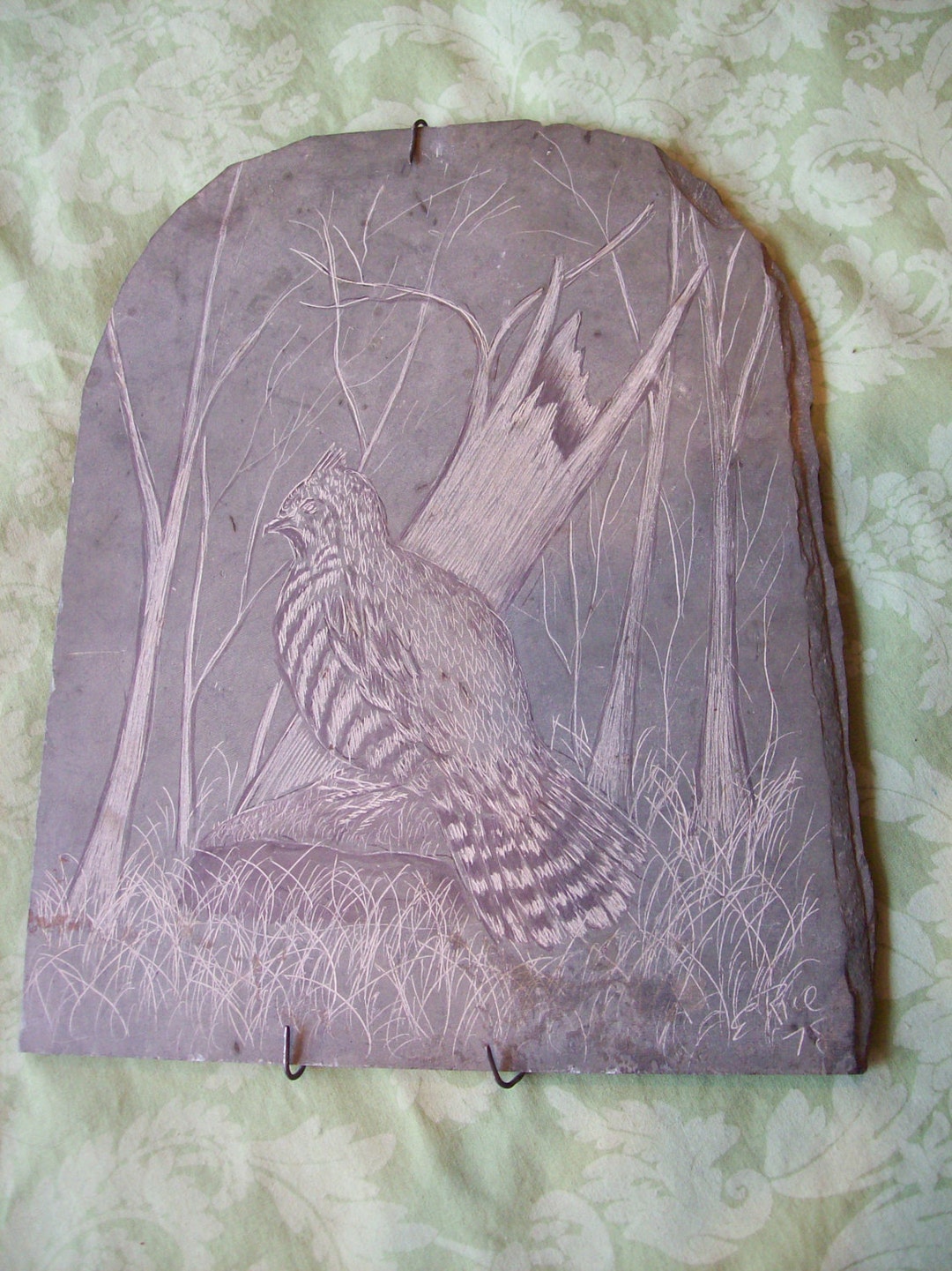 Carved Slate Roof Tile Picture Quail Handcarved Wall Hanging Rustic ...