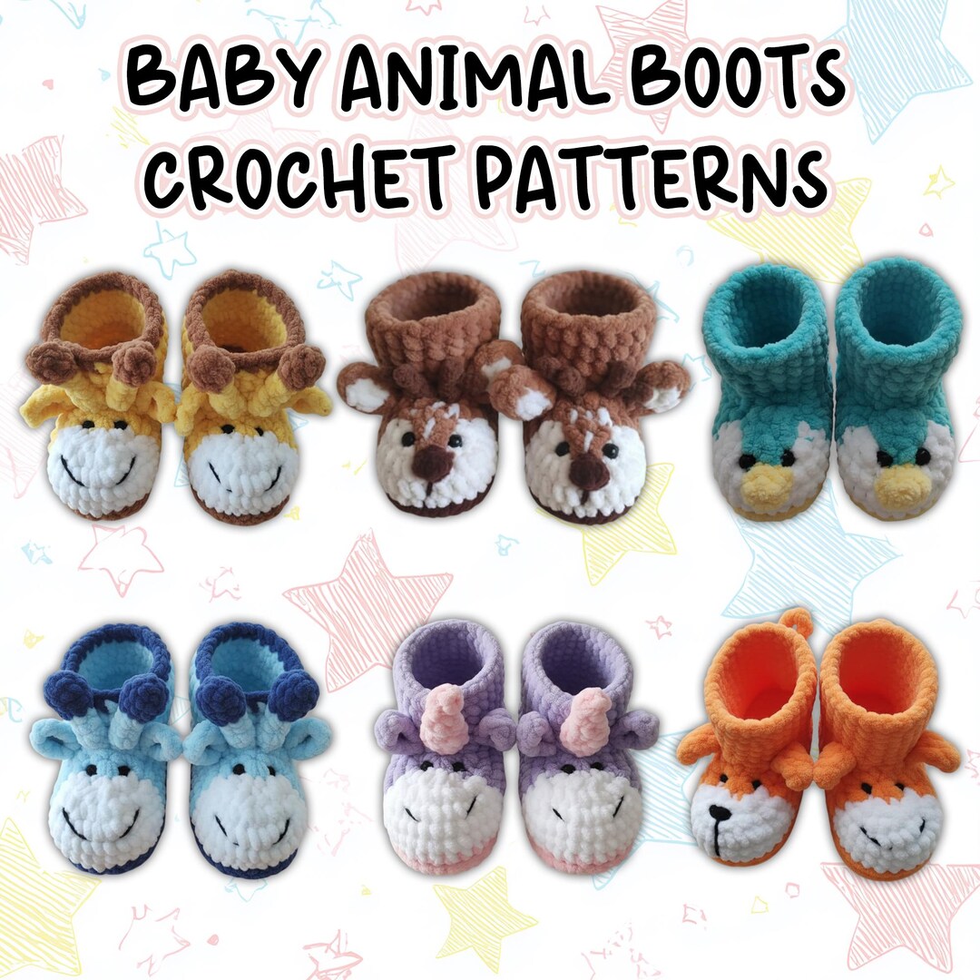 6 Baby Animals Crochet Shoes Pattern PDF, Unicorn Reindeer Fox Booties ...