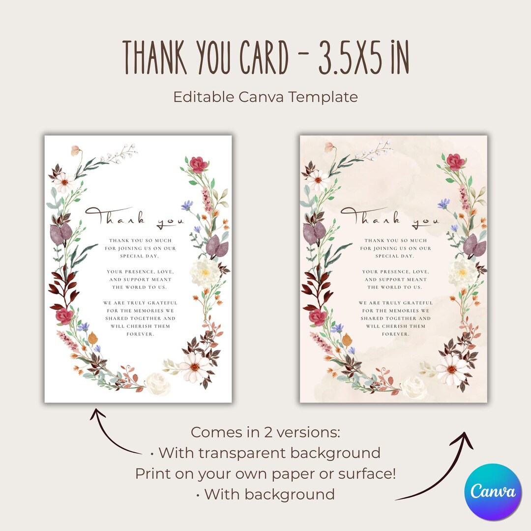 Floral Thank You Card Template: Editable Canva Design (digital Download ...