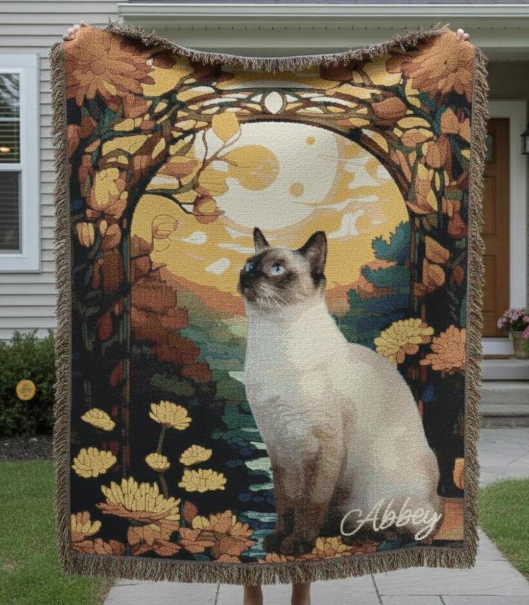 Personalized Siamese Cat Blanket, Boho Garden Sunset, Flower ...