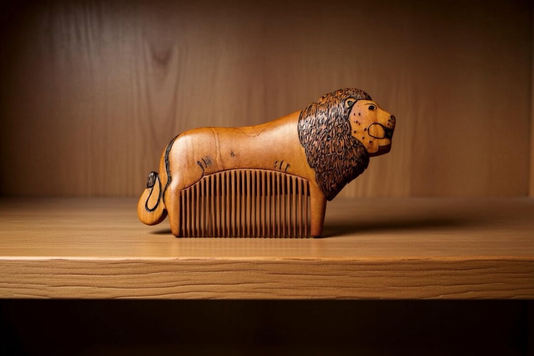 Hand Carved Lion Wooden Comb – 10cm Natural Wood Hair Comb – Handmade ...