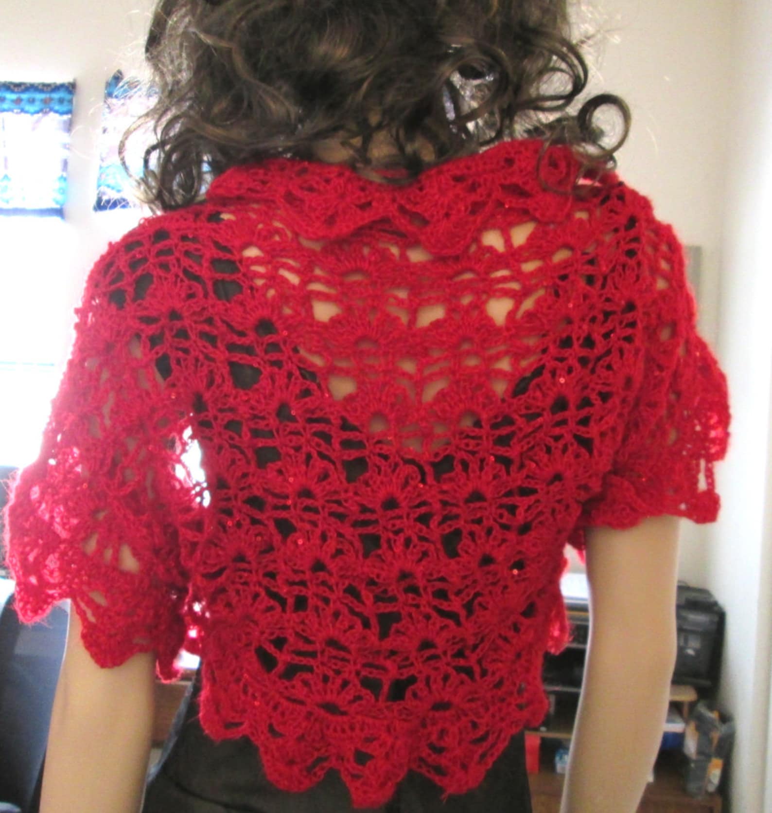 Shrug Red Color Sequined Bridal Party Evening Wear Lacy Crocheted Wool ...