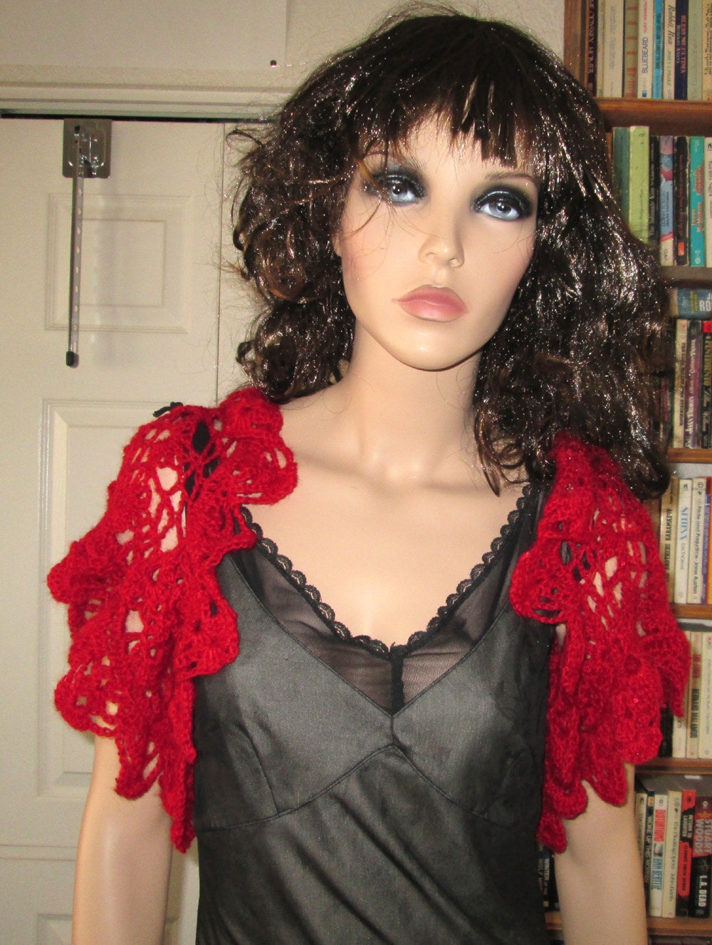 Shrug Red Color Sequined Bridal Party Evening Wear Lacy Crocheted Wool ...