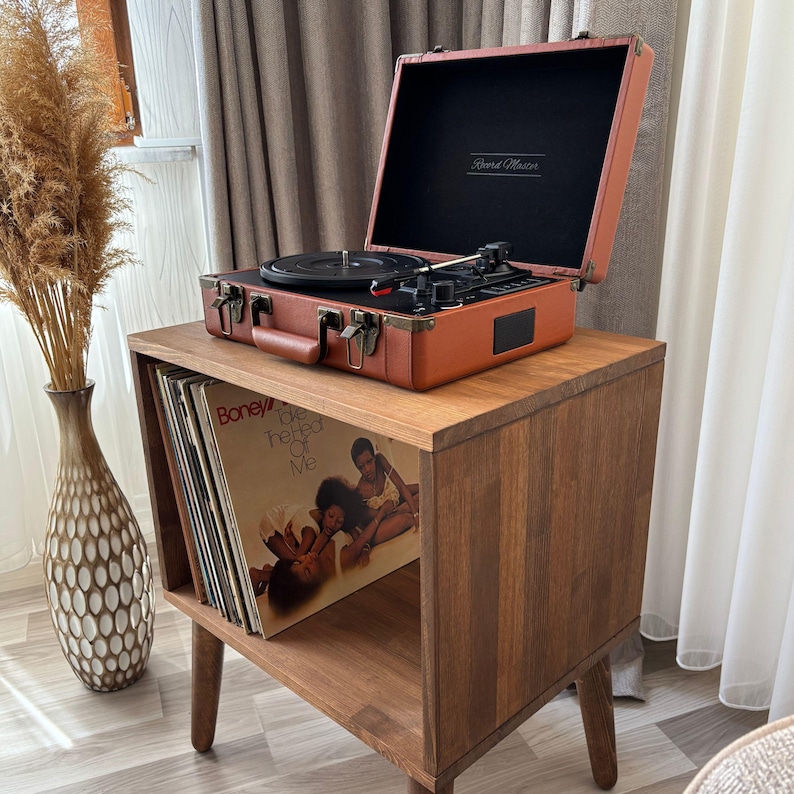 Solid Wood Record Player Stand With Vinyl Storage, Mid Century Modern ...