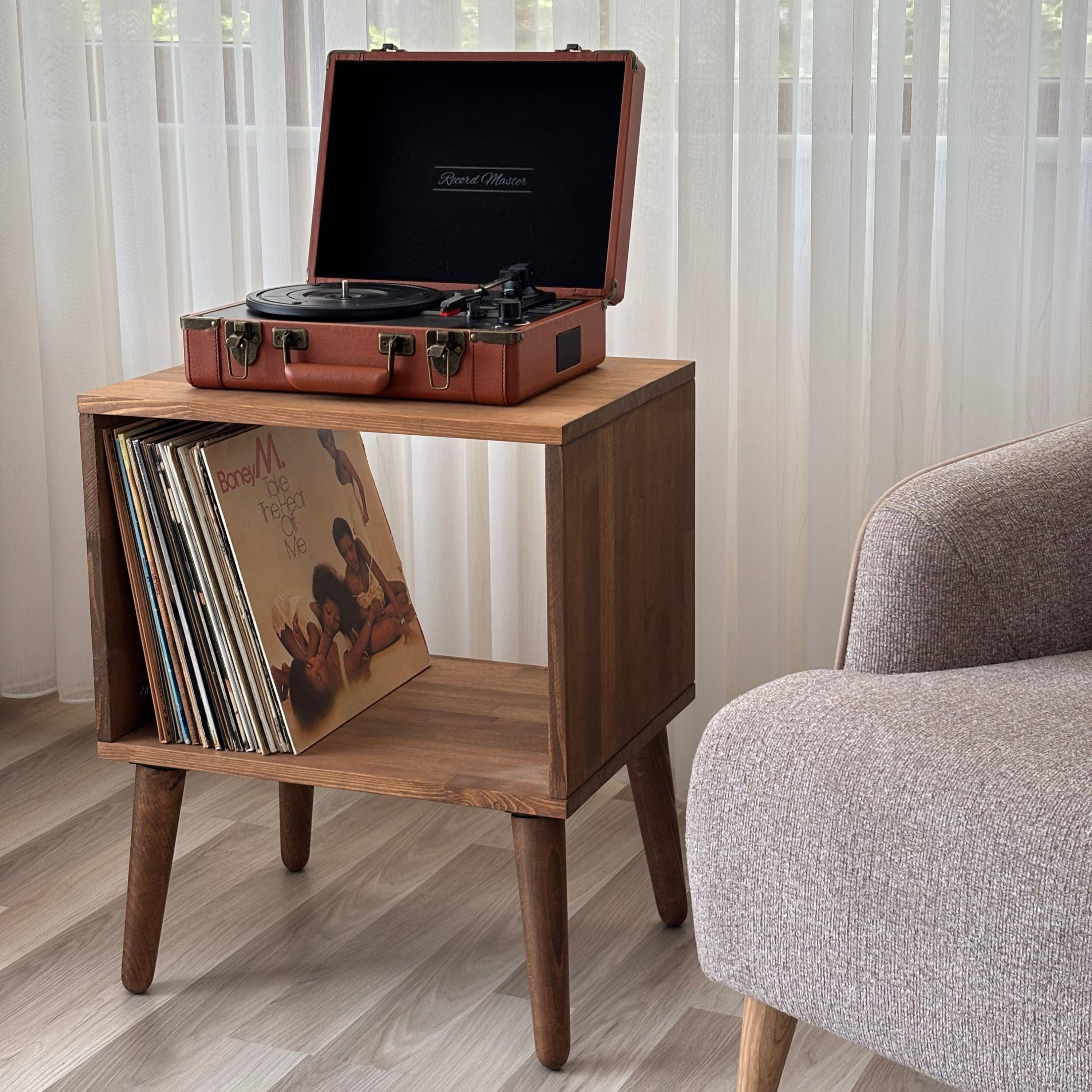 Solid Wood Record Player Stand With Vinyl Storage, Mid Century Modern ...