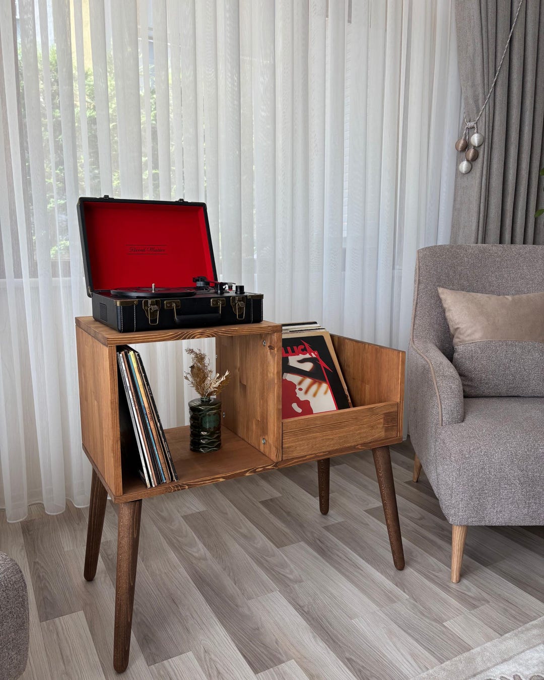 Handmade Pine Wood Record Player Stand, Mid-century Modern Vinyl ...