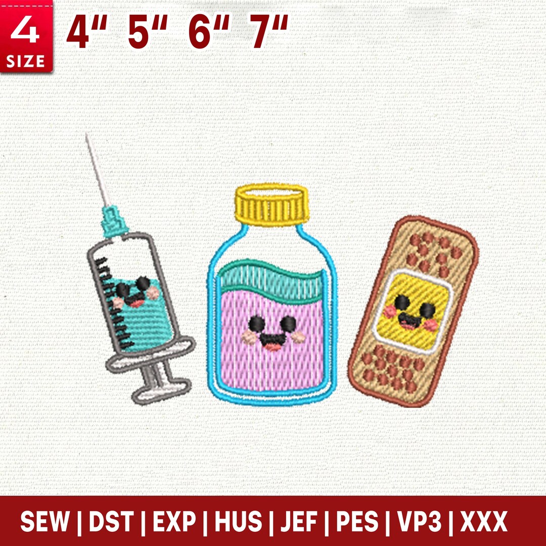 Medical Embroidery Design | Cute Syringe, Medicine Bottle and Bandage ...