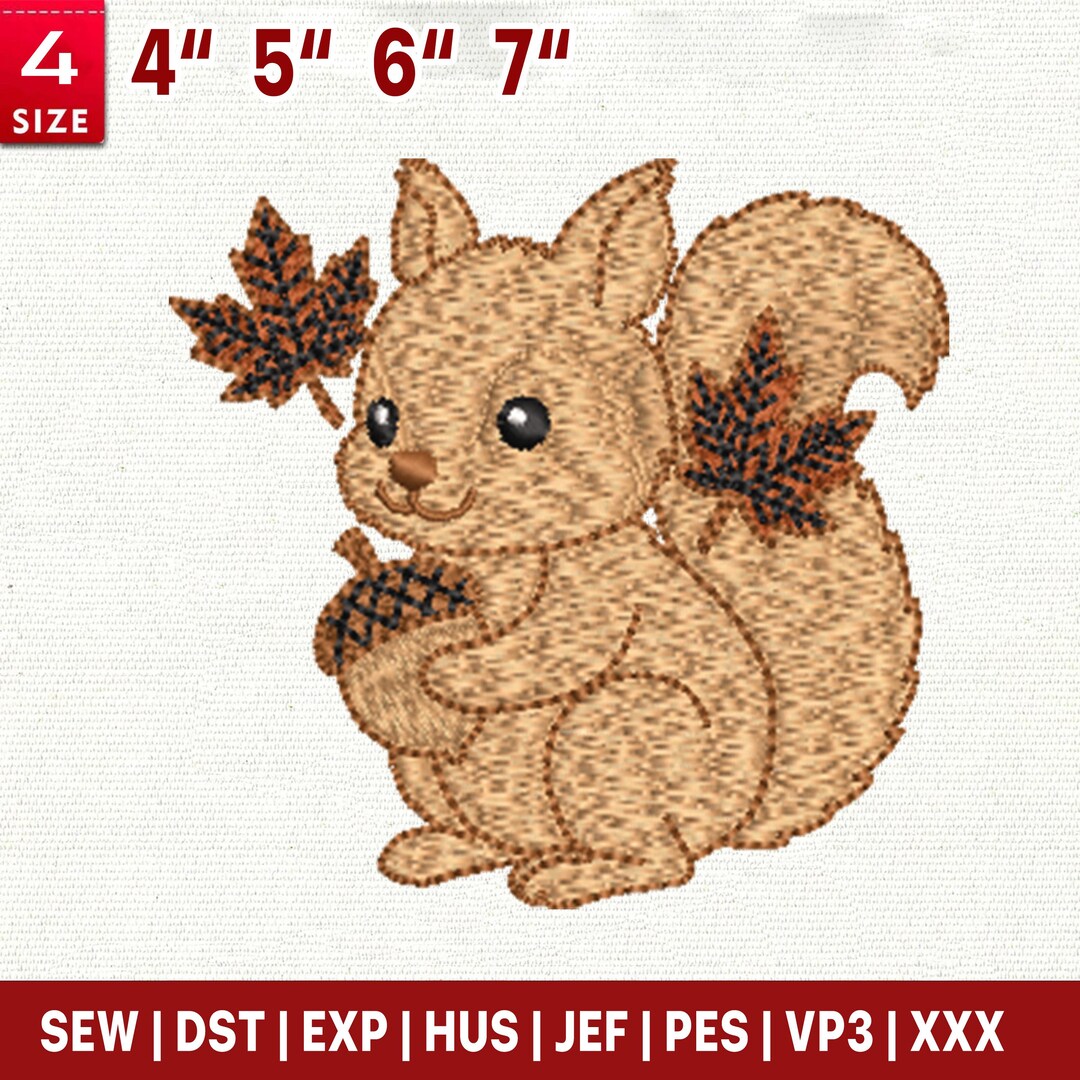 Autumn Squirrel Embroidery Design | Cute Squirrel With Acorn and Leaves ...