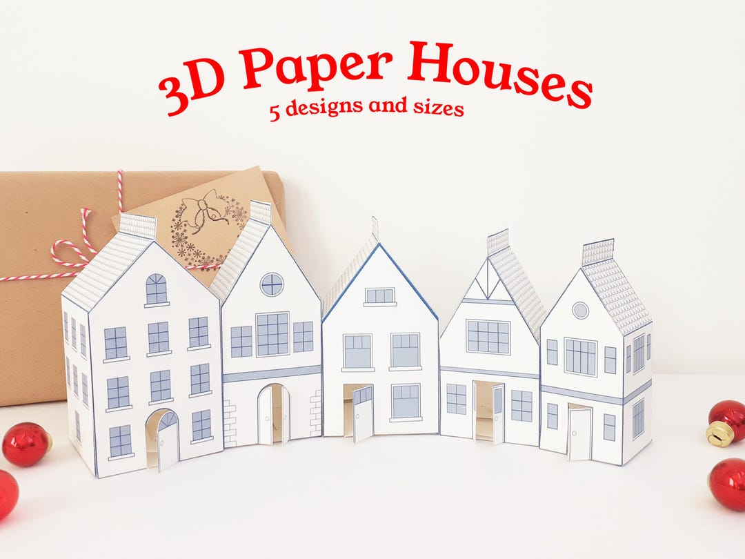 3D Paper House Template: 5 Blue Houses Set (digital Download) - Etsy
