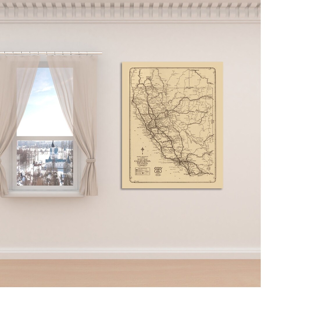 Detailed Antique Road Map of California and Nevada. Printed on Canvas ...