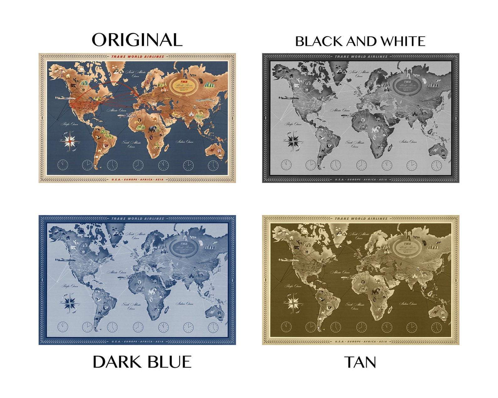 Vintage Antique TWA World Routes Map of the Continents Print | Etsy