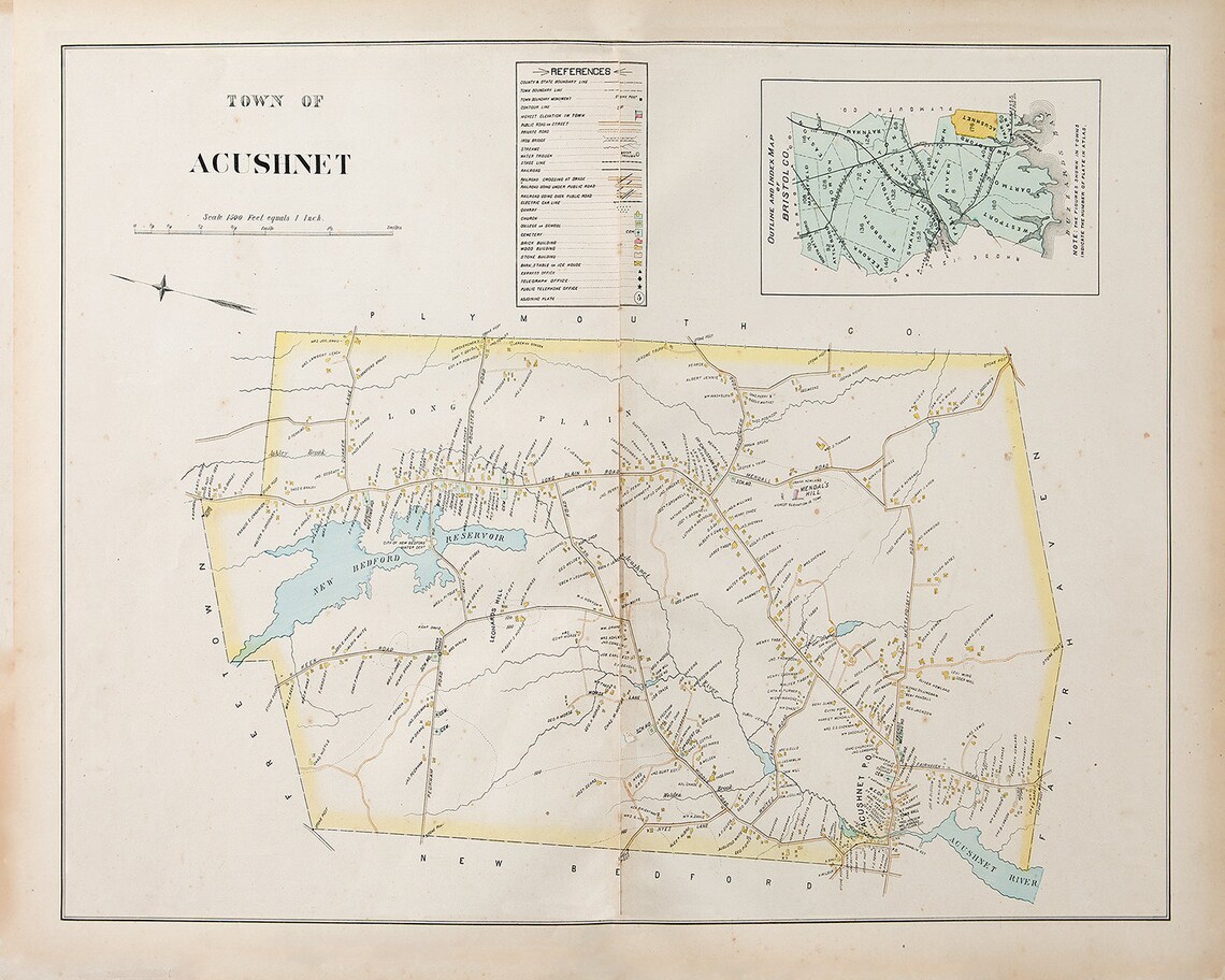Print of Antique Map of the Town of Acushnet Massachusetts on | Etsy