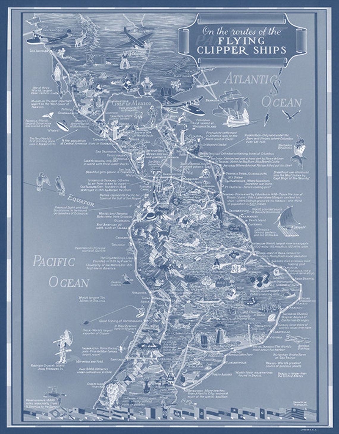 Vintage Antique Map of Routes of PAA Flying Clipper Ships on | Etsy