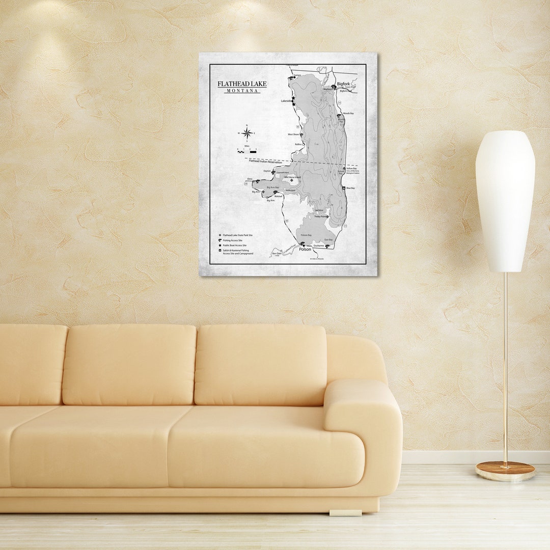 Detailed Map of Flathead Lake in Montana . Printed on Canvas ...