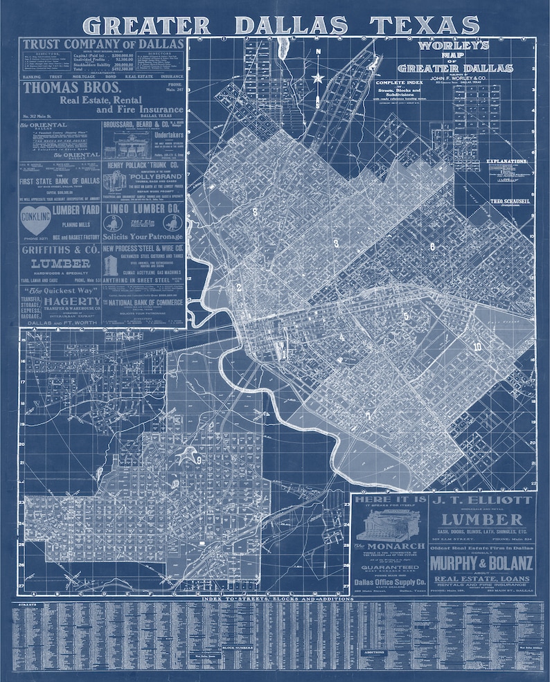 Print of Antique Map Featuring Greater Dallas Texas on Canvas | Etsy