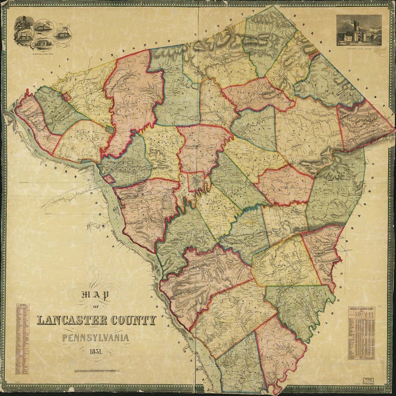 Print of Antique Vintage Lancaster County Pennsylvania Map on | Etsy