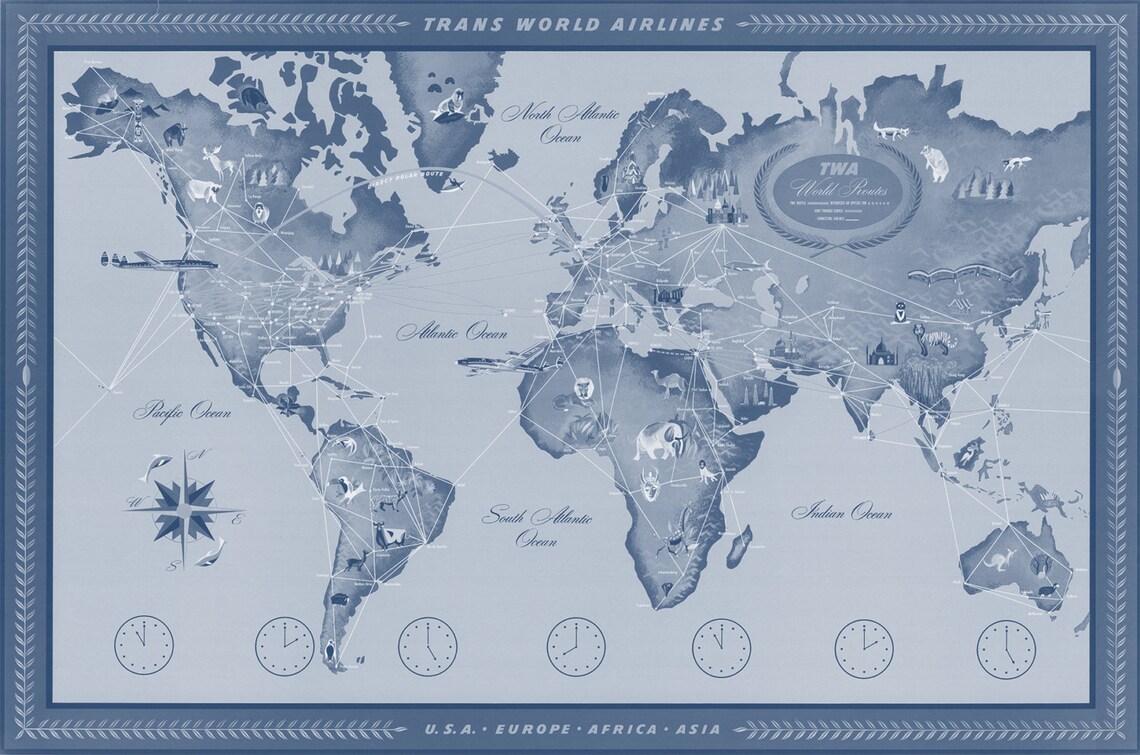 Vintage Antique TWA World Routes Map of the Continents Print | Etsy