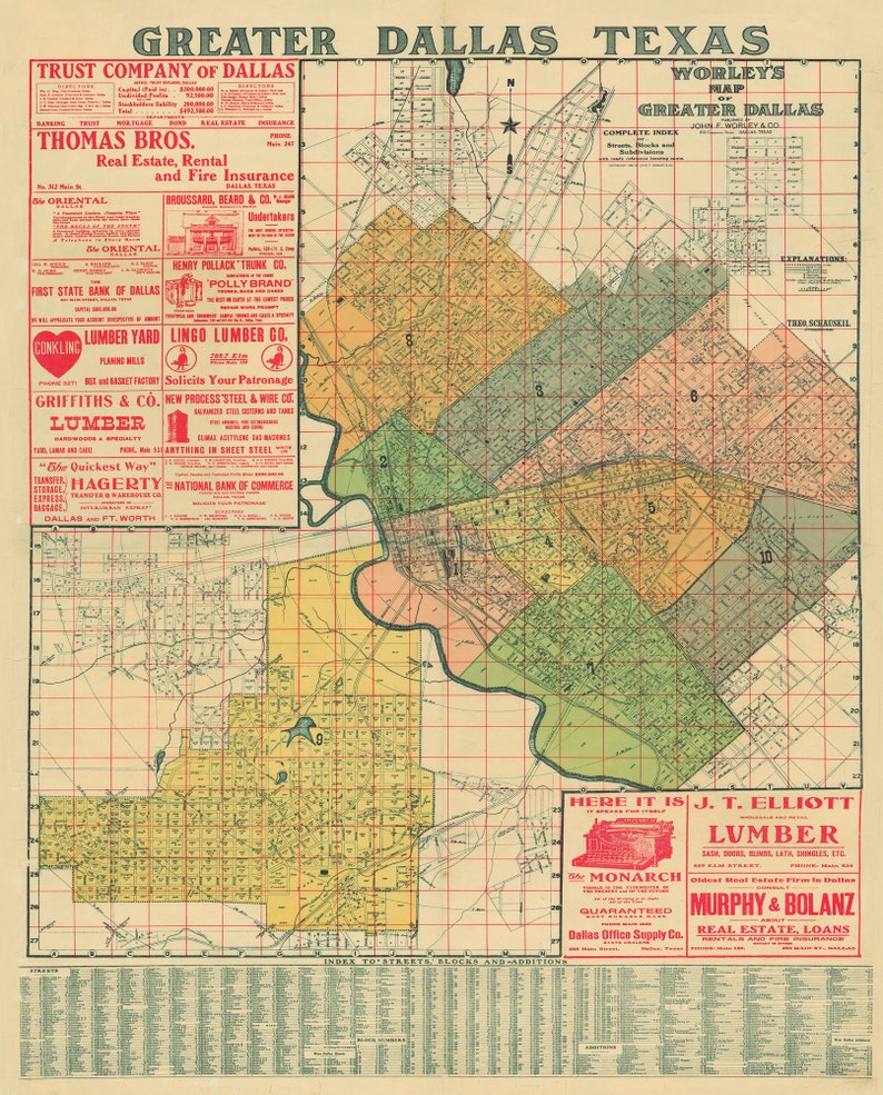 Print of Antique Map Featuring Greater Dallas Texas on Canvas | Etsy