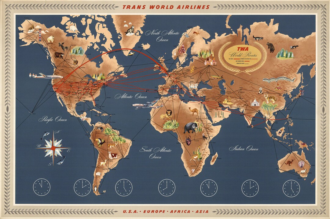 Vintage Antique TWA World Routes; Map of the Continents Print on Photo ...