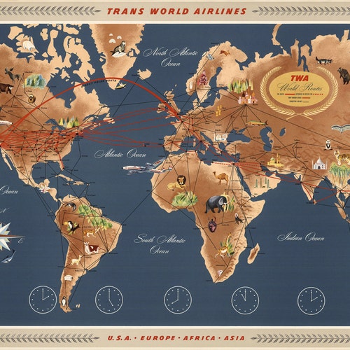 Vintage Antique TWA World Routes Map of the Continents Print - Etsy