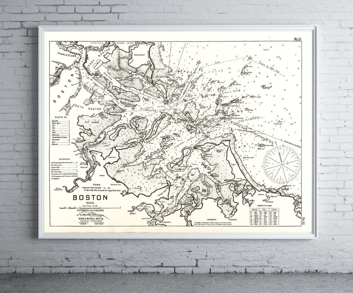 Antique Boston Nautical Chart Print: Vintage Massachusetts Map - Etsy