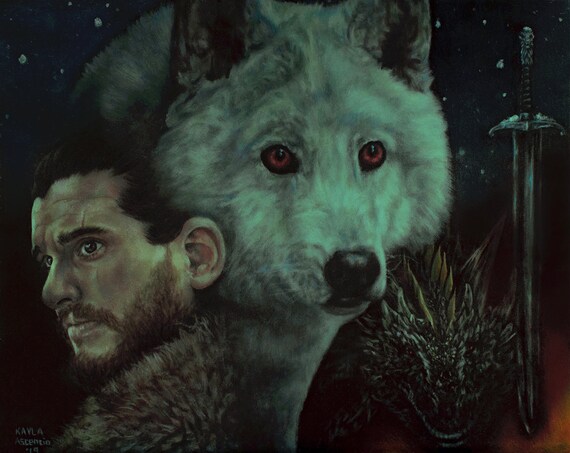 Game of Thrones Fanart Jon Snow Ghost Wolf Dragon | Etsy