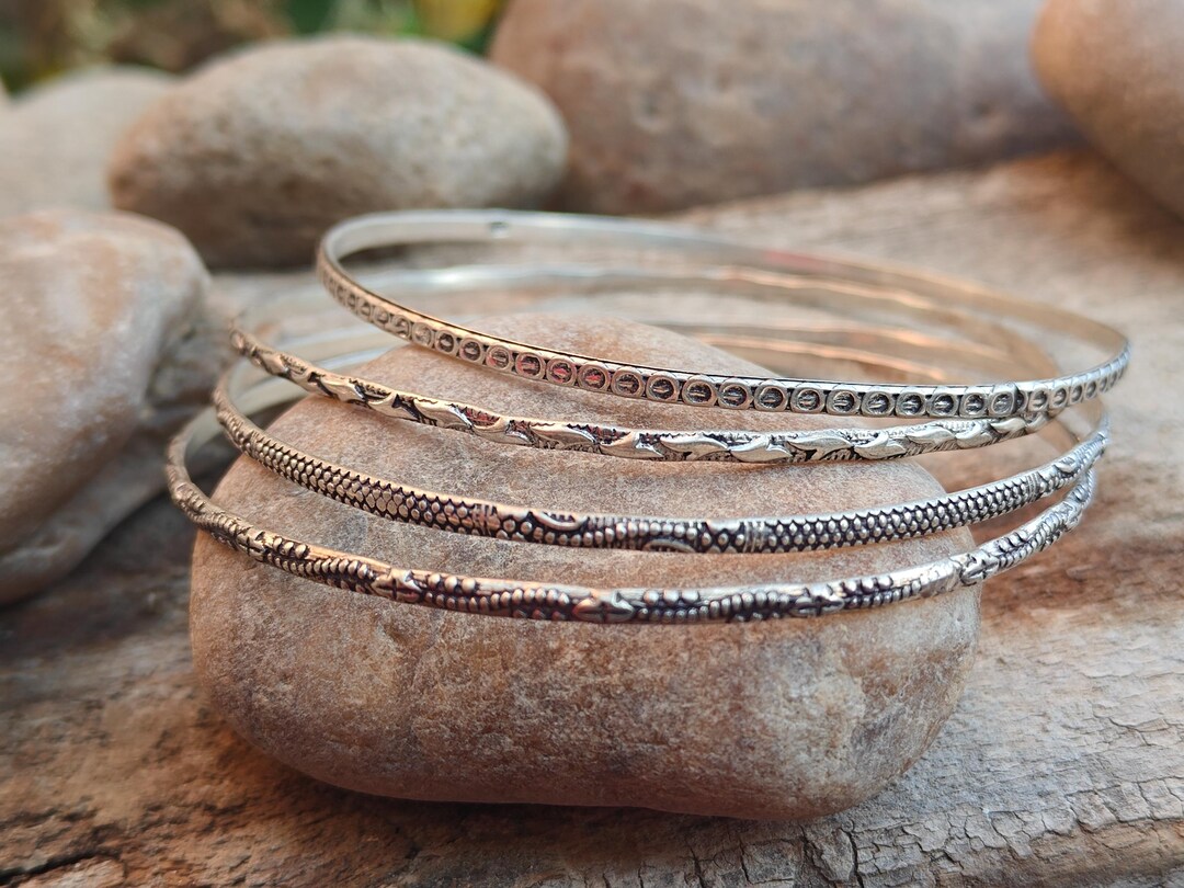 Sterling Silver Stacking Bangles Set, Oxidized Geometric Texture ...