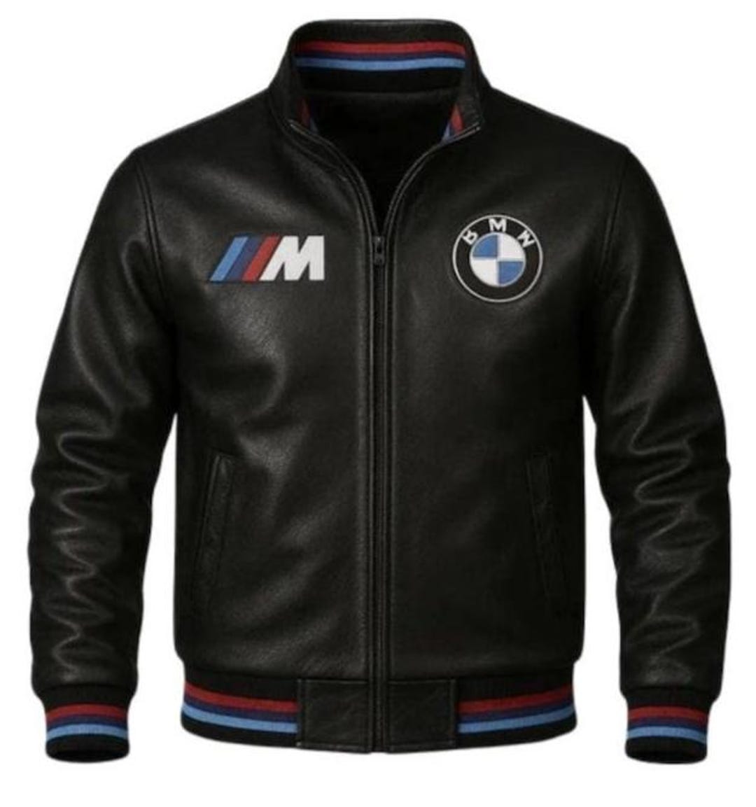 BMW M Style Leather Jacket, Genuine Cowhide Leather Bomber With ...