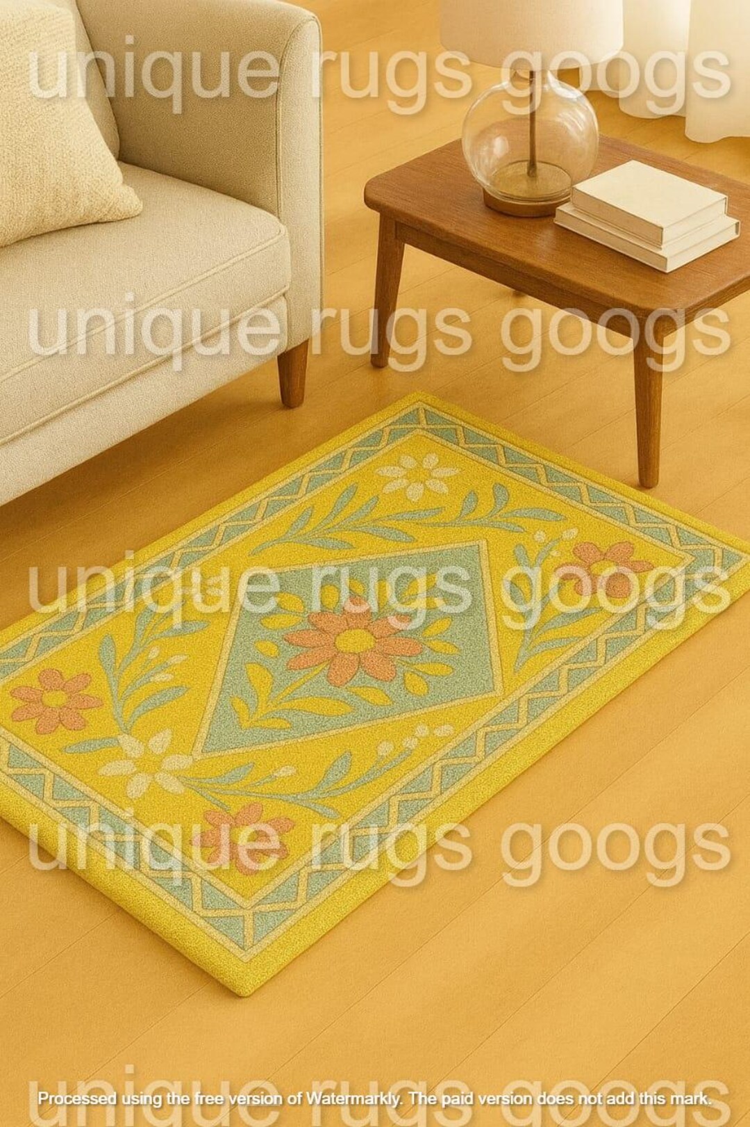 Hand Tufted Wool Rug | Yellow Floral Rug – Retro Boho Tapestry ...