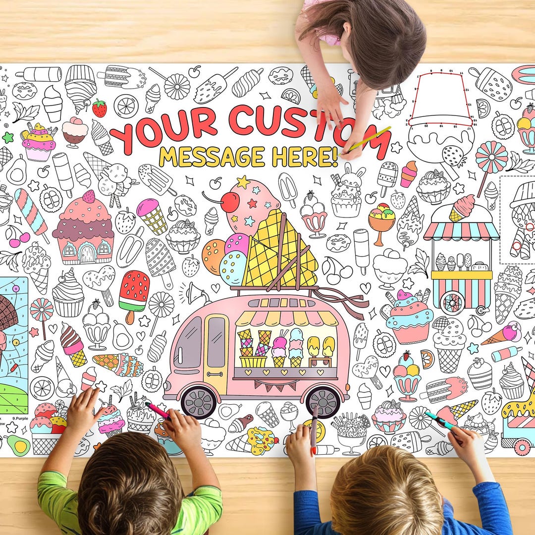 Giant Ice Cream Animals Coloring Tablecloth for Kids, Large 30x72 Inch ...